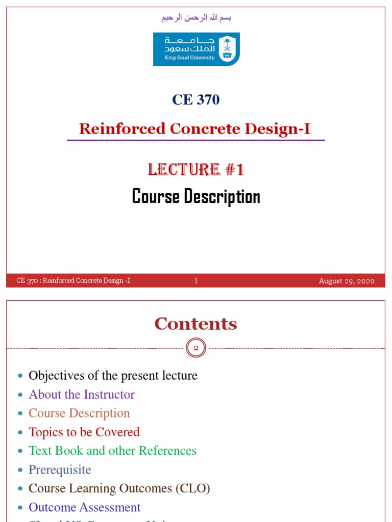 CE 370 Lecture 1 (Course Description) | PDF | Reinforced Concrete | Beam (Structure)