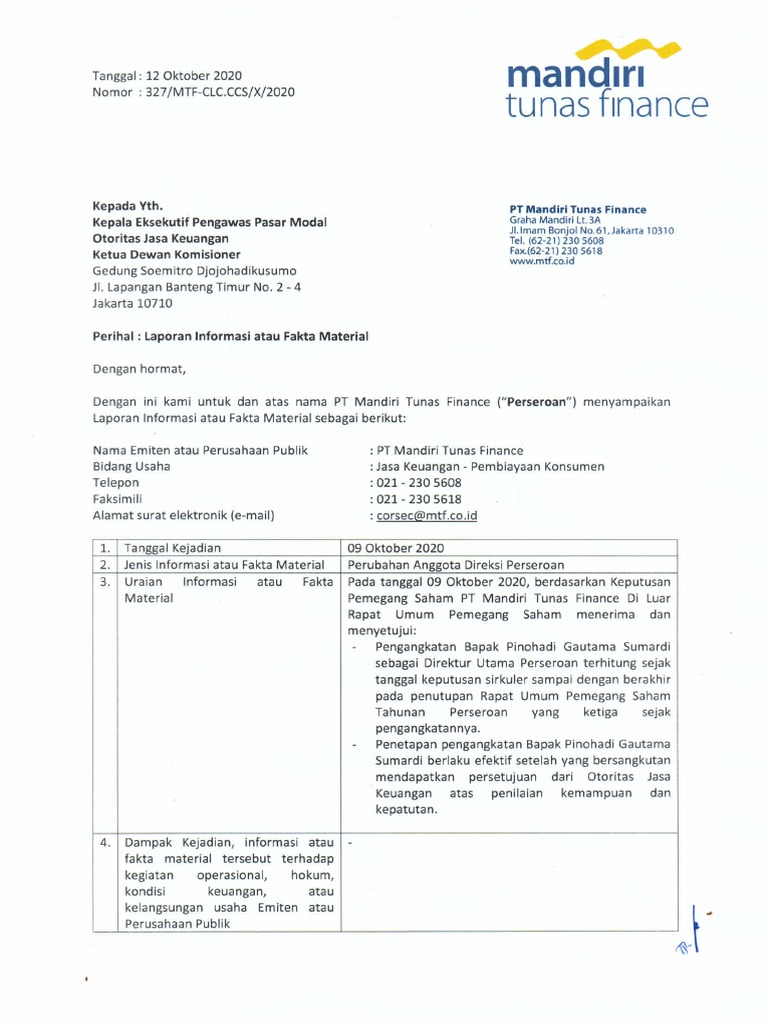 Surat Laporan Informasi Atau Fakta Material 12 Oct 2020 | PDF