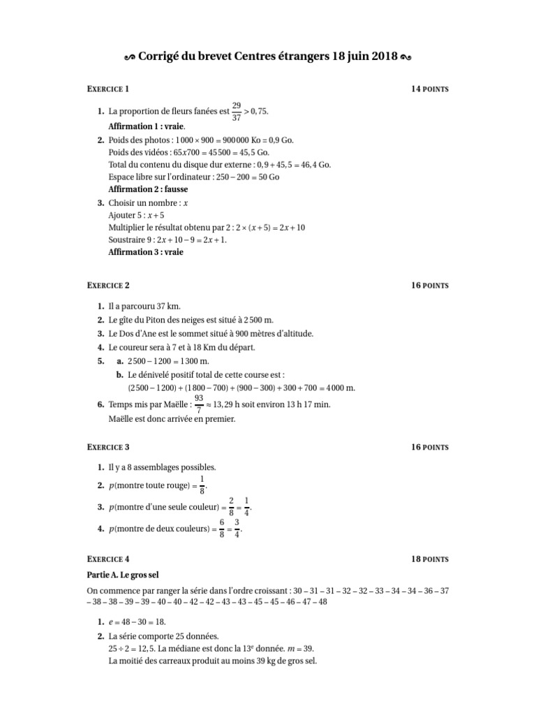 Corrigé Brevet 2018: Mathématiques | PDF | Échecs