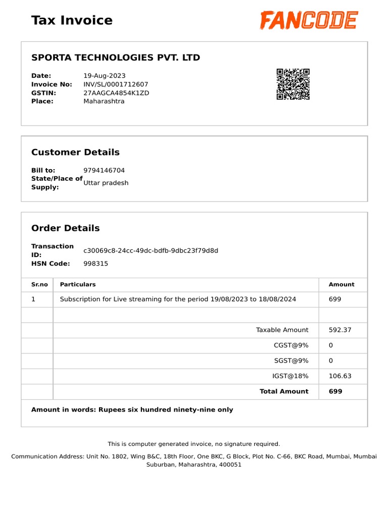 Live Streaming Subscription Invoice | PDF