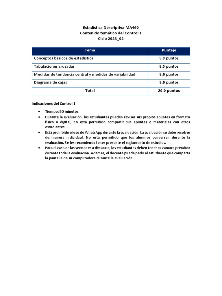 Ma460 - 202302 - Matriz de Contenido para El Control 1 | PDF