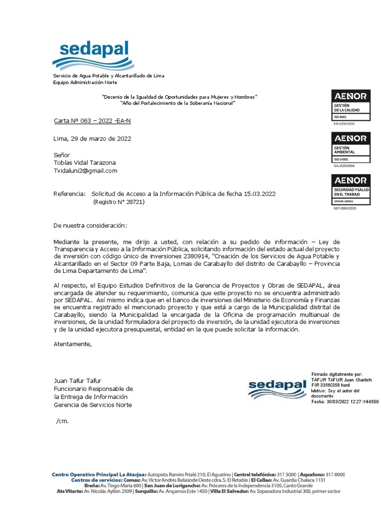 CARTA 063-2022-EA-N a TOBIAS VIDAL TARAZONA[R] (1) | PDF