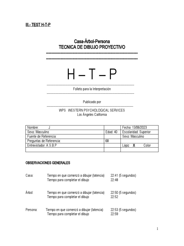Ficha Del Test de HTP | PDF | Dibujo | Las emociones