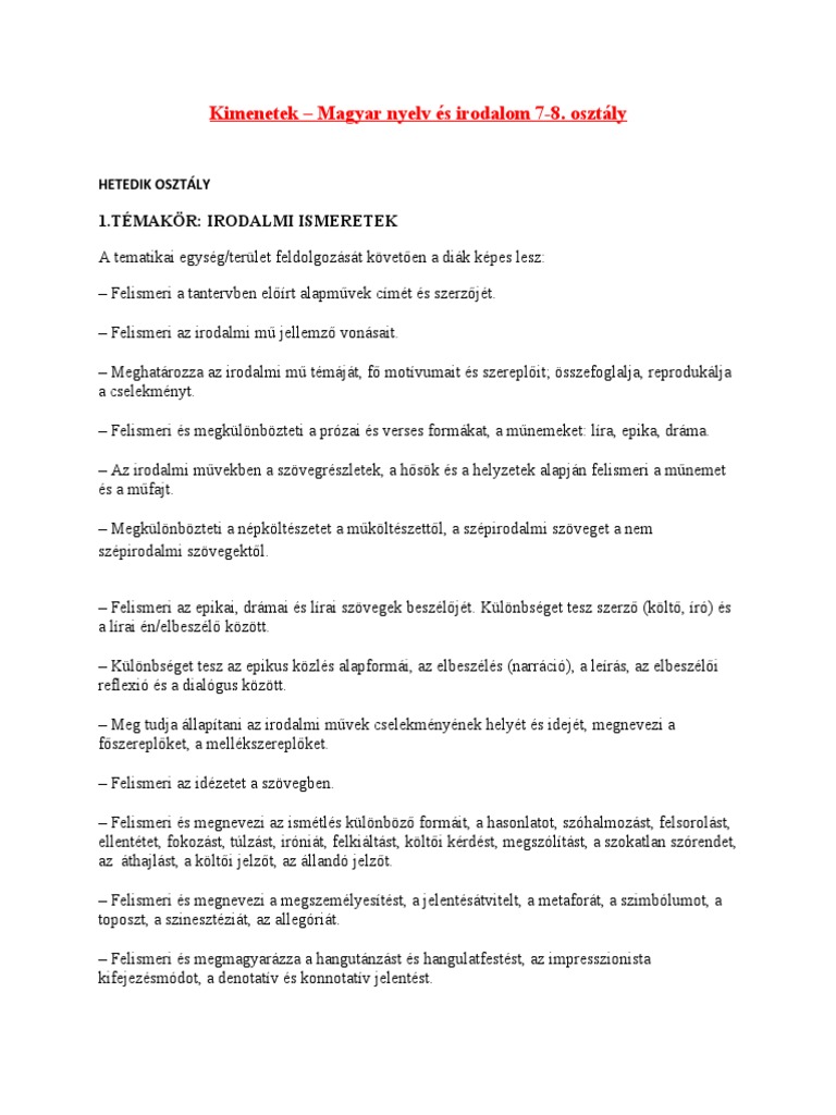 Kimenetek - Magyar Nyelv És Irodalom 7-8. Osztály | PDF