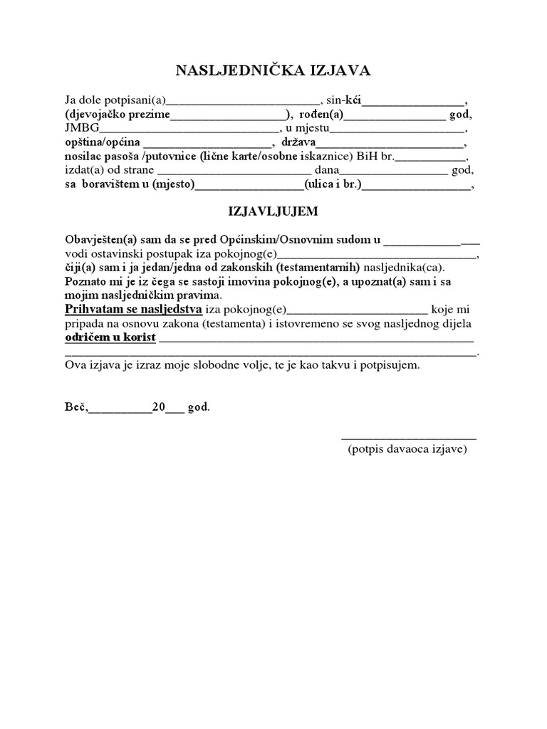 NASLJEDNIcKA IZJAVA Prihvatam I Odricem U Korist Lat | PDF