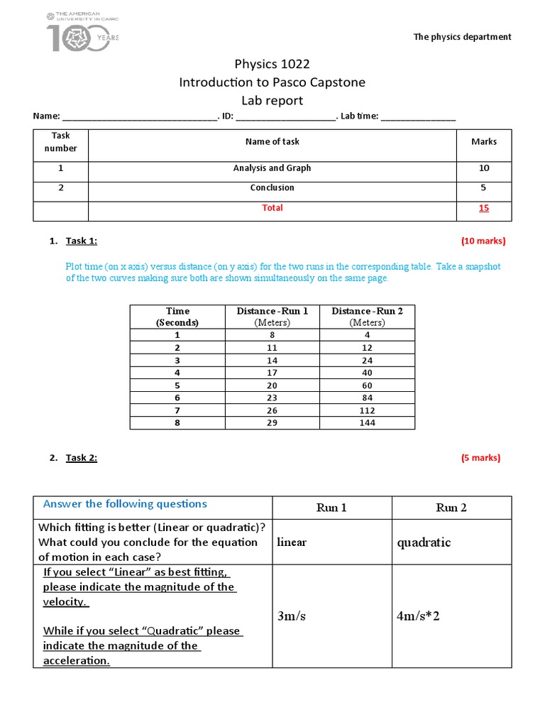 Pasco Capstone Lab Report Guide | PDF | Quadratic Equation | Acceleration