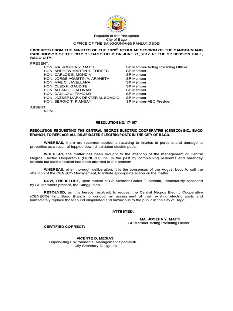 17-157 requesting CENECO to replace delapidated electric post | PDF