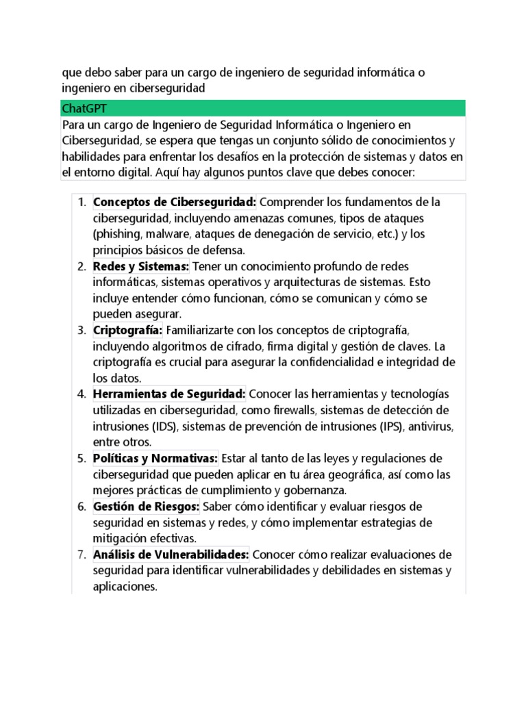 Cargo De Ingeniero De Seguridad Informática O Ingeniero En