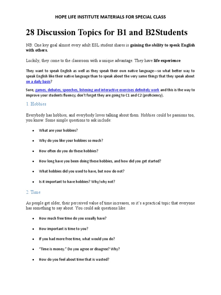 28 Discussion Topics For B1 and B2Students | PDF | Thought | Sports
