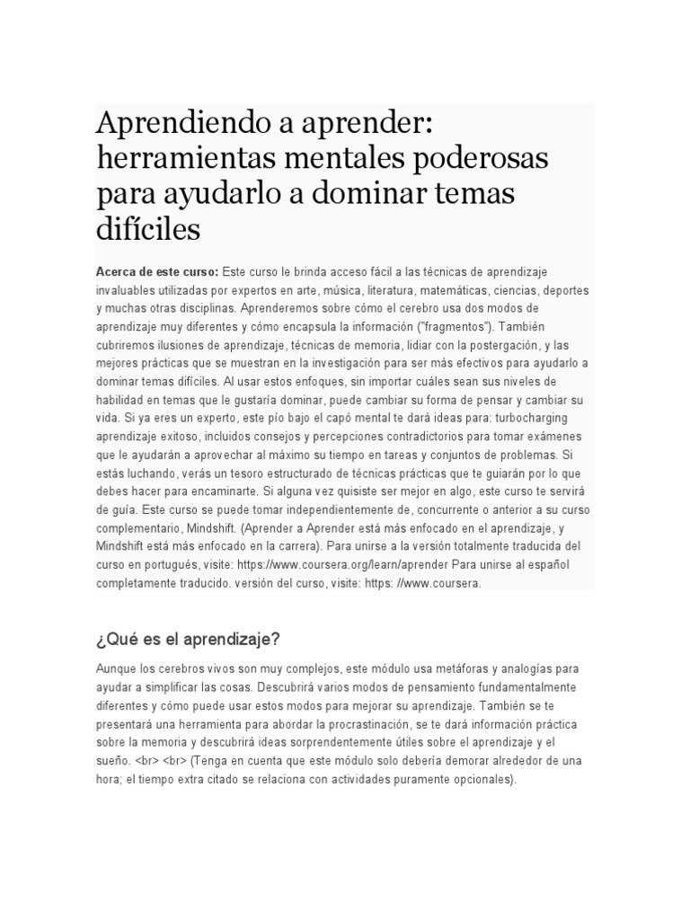 Aprendiendo A Aprender | PDF | Aprendizaje | Mente