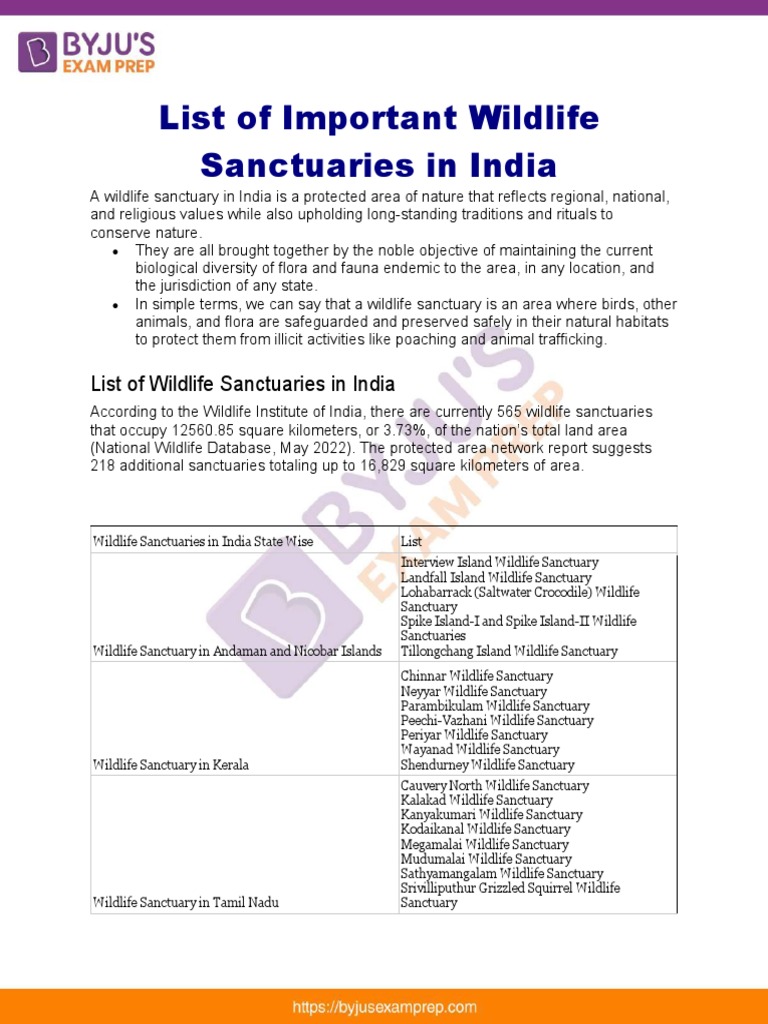 List of Important Wildlife Sanctuaries in India | PDF | Wildlife | Systems Ecology