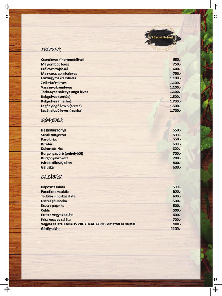 Kolyuki Betero Etlap 2022 | PDF