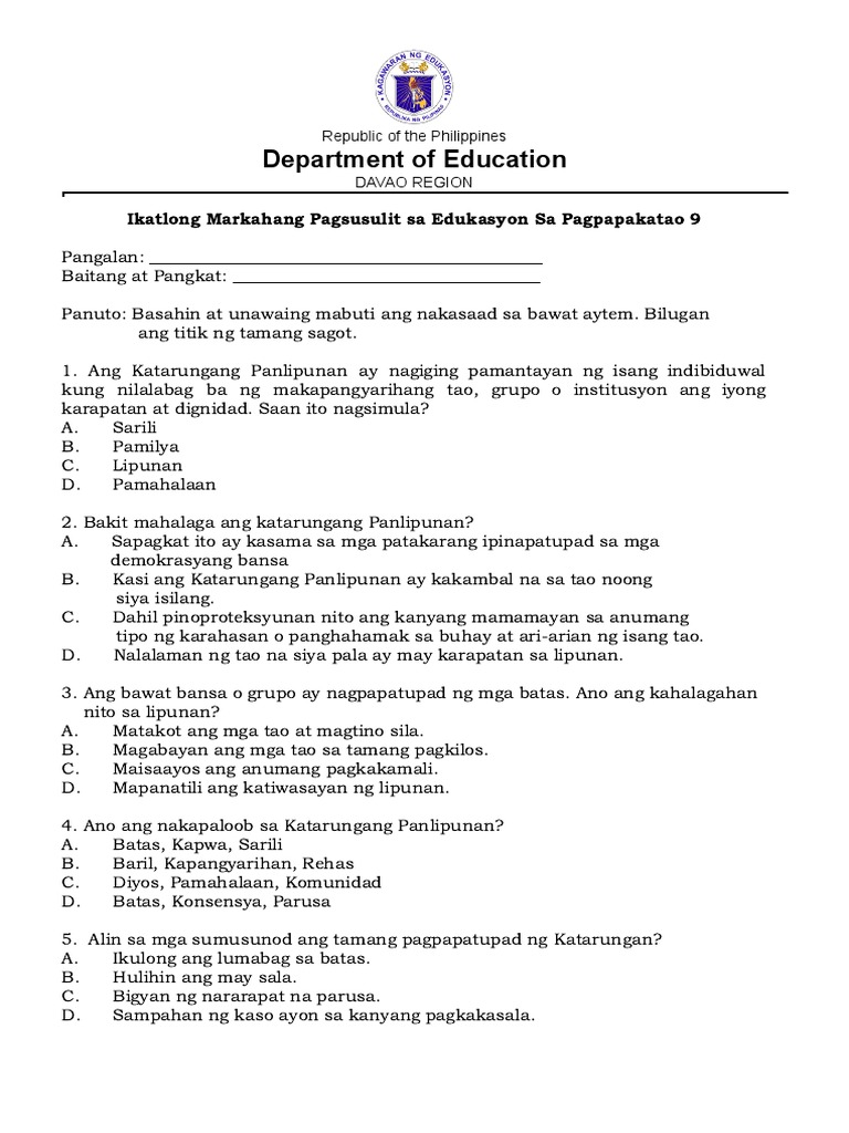 Quarterly Test - Q3 EsP 9 | PDF