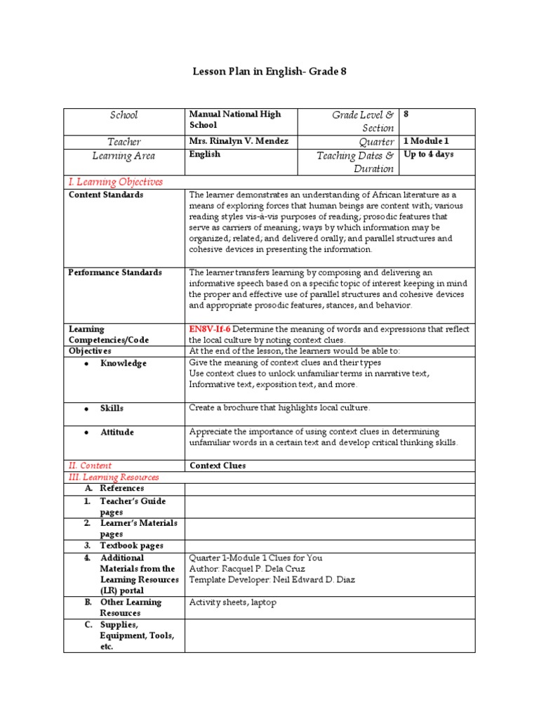Lesson Plan in English 8 | PDF | Learning | Lesson Plan