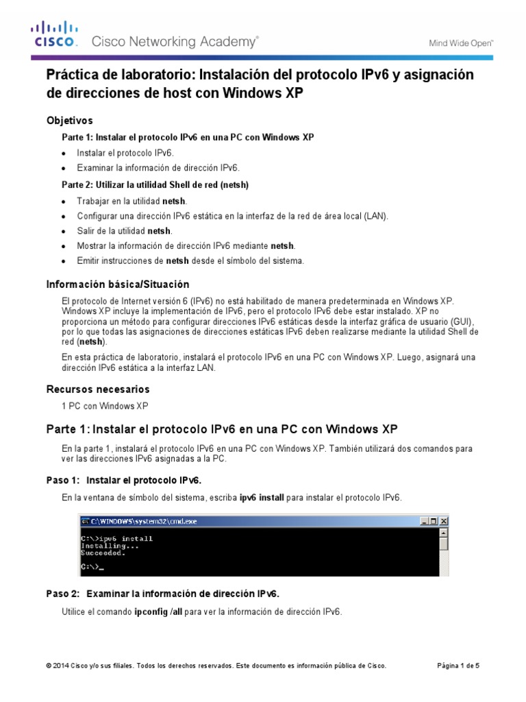 0.0.0.2 Lab - Installing The IPv6 Protocol With Windows XP | PDF | Yo Pv6 | Microsoft Windows