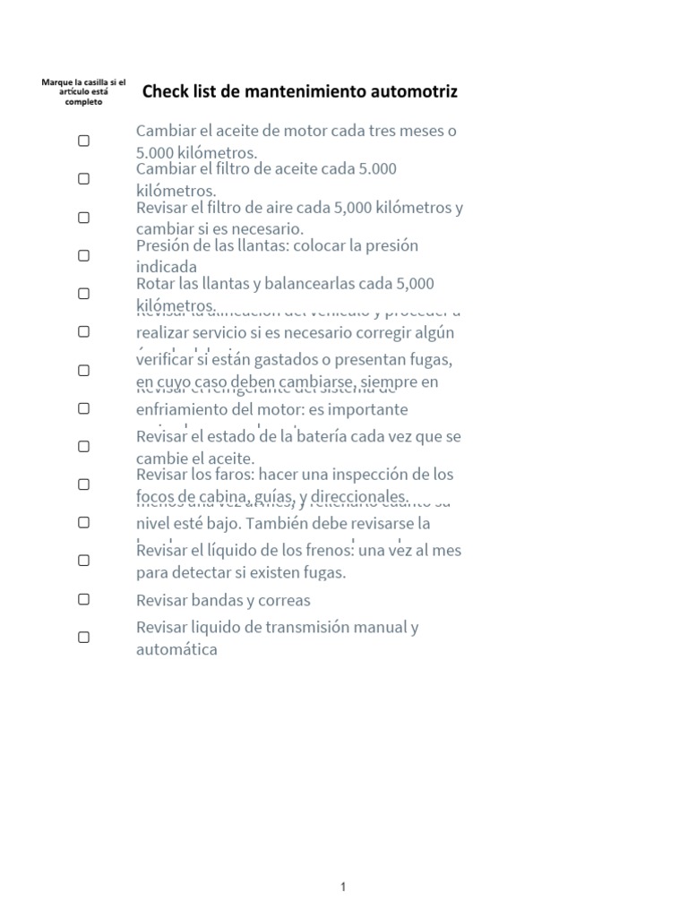 Check List de Mantenimiento Automotriz | PDF | Ingeniería mecánica ...