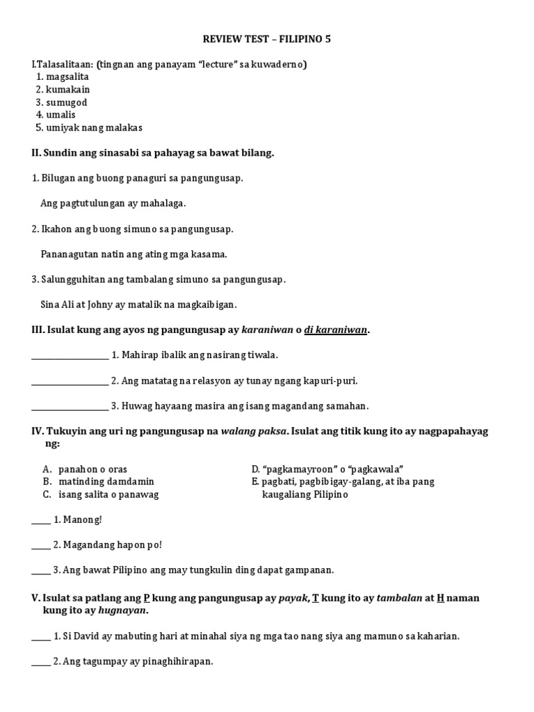 Review Test Filipino - 5 | PDF