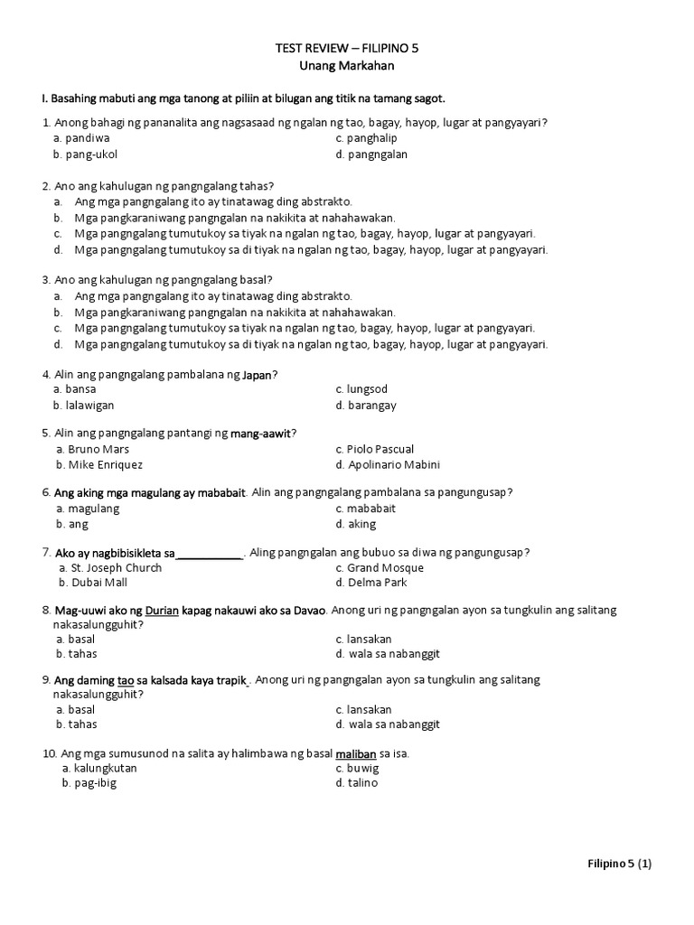 2223 1st QTR Test Review Filipino 5 | PDF