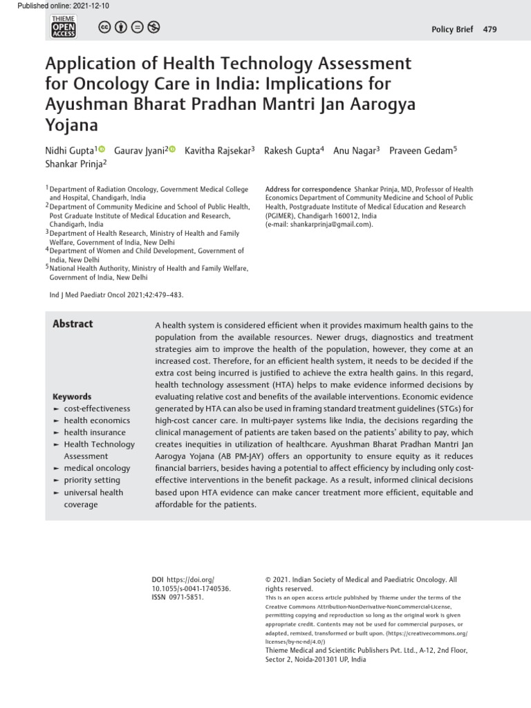 Application of Health Technology Assessment For Oncology Care in India ...
