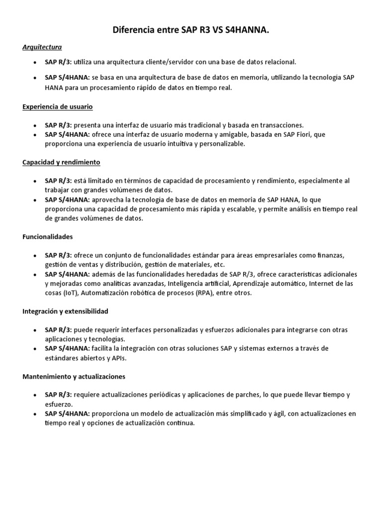 Diferencias entre SAP R/3 y S/4HANA | PDF