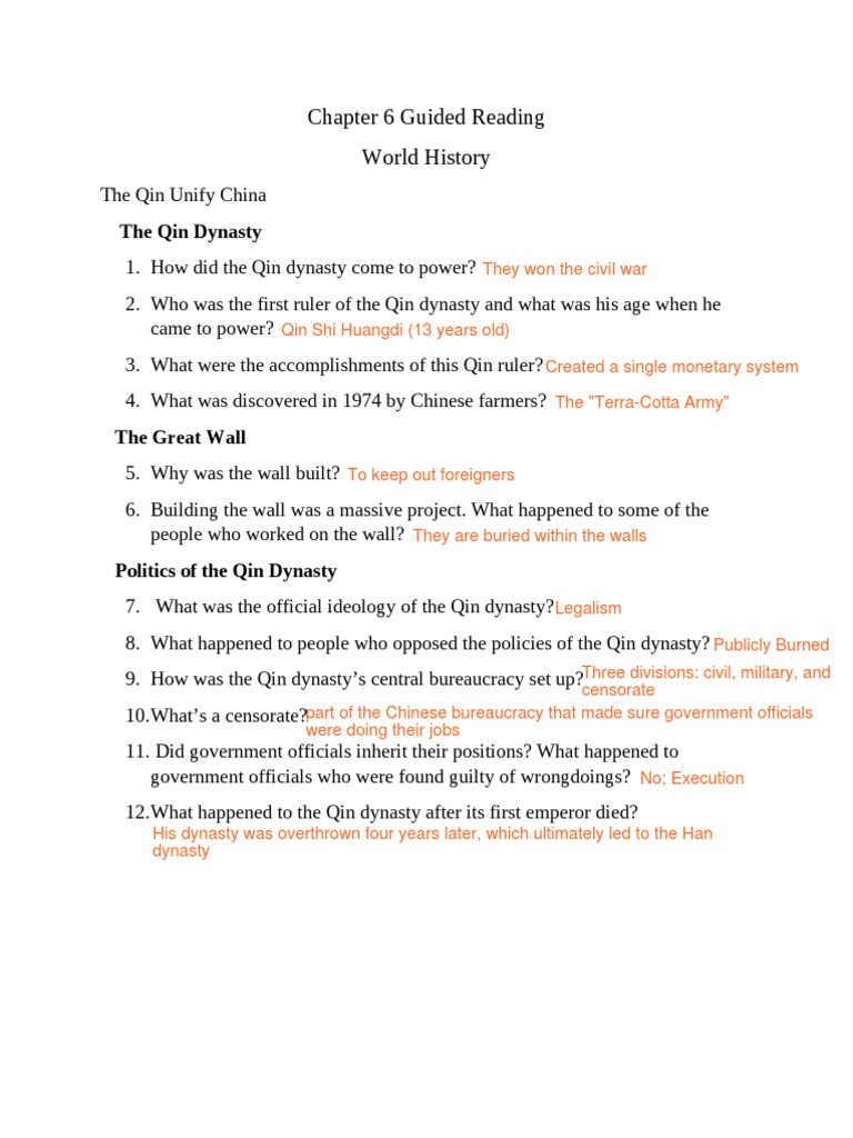 Chapter 6 Guided Reading - Qin Dynasty | PDF
