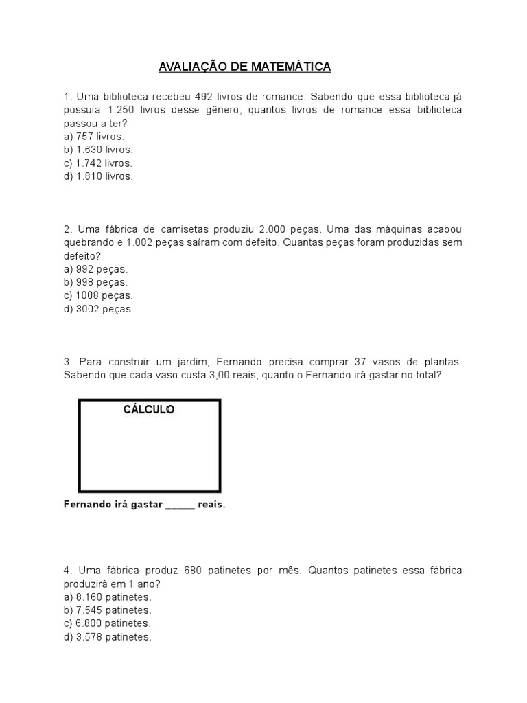 Avaliação De Matemática 2 Trimestre Pdf
