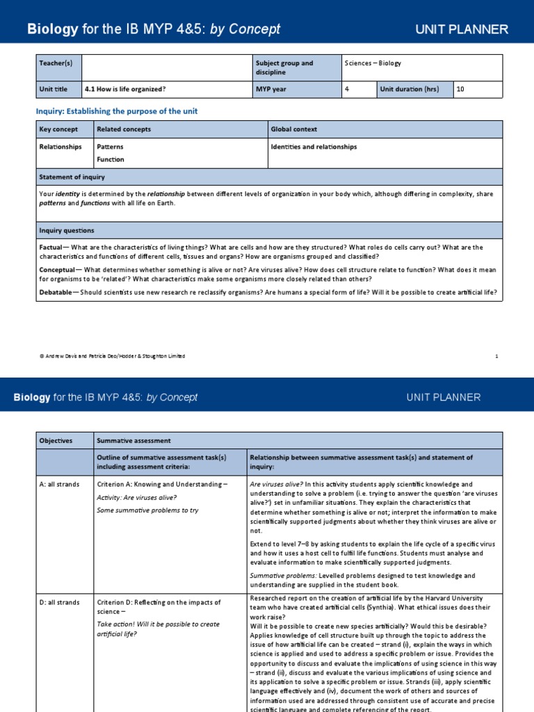 1 How Is Life Organized - Unit Planner | PDF | Life | Taxonomy (Biology)