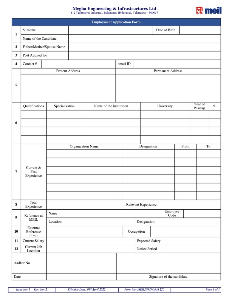 MEIL Employment Application Form_Rev_2-2-1-1-1 | PDF | Employment | Labor