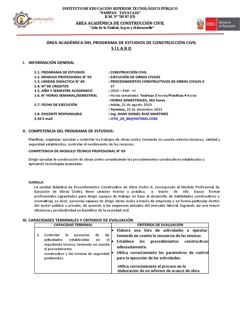 Silabo Procedimientos Constructivos 2023 Listo | PDF | Evaluación | Ingeniería