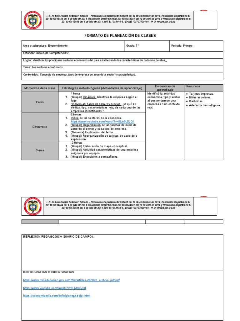 Emprendimiento Formato Planeacion de Clases | PDF | Modificación de comportamiento | Aprendizaje