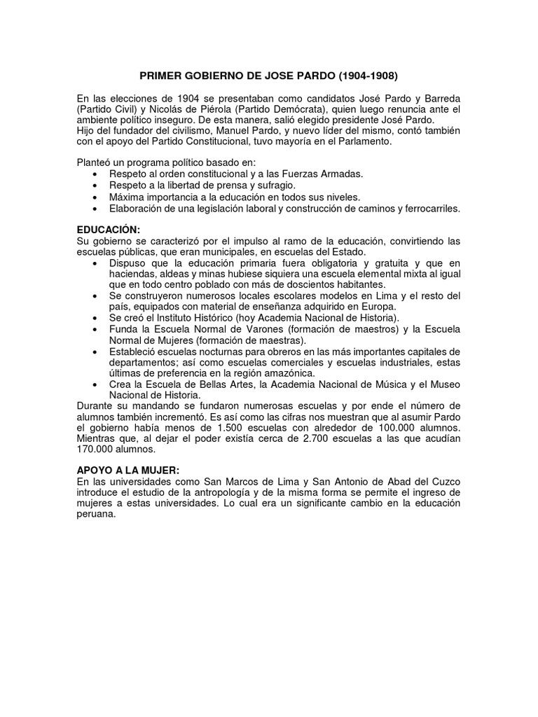 Primer Gobierno de Jose Pardo | PDF | Perú | América del Sur