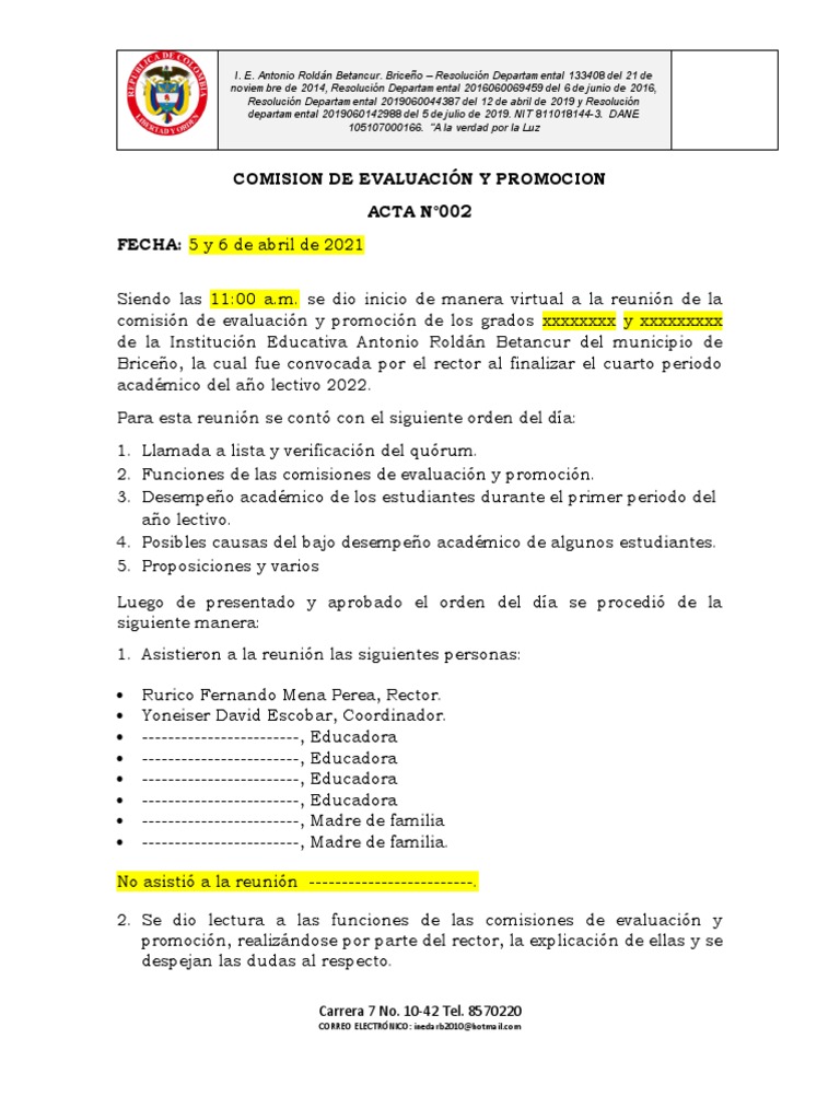 Modelo Acta Comisiones de Evaluacion | PDF