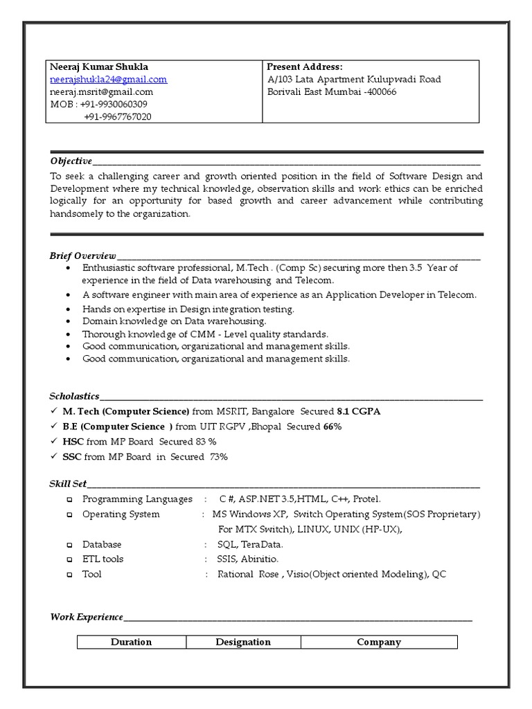 Neeraj CV | PDF | Databases | Operating System