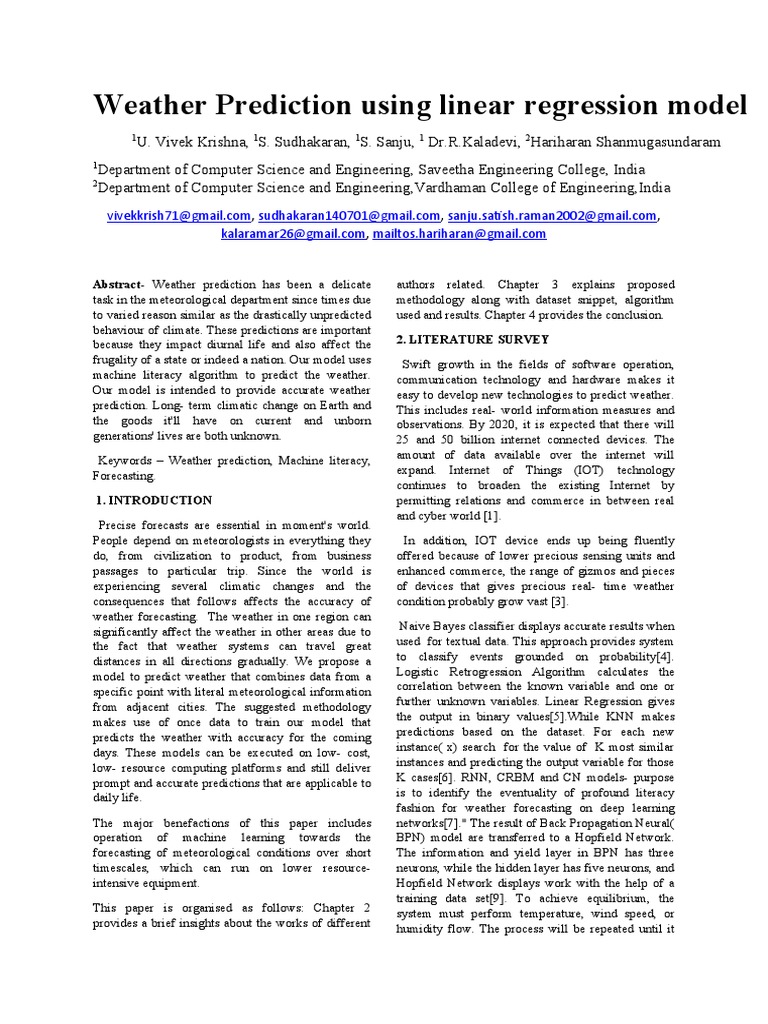 Paper 8-Weather Prediction Using Linear Regression Model-Bnmit IITCEE ...