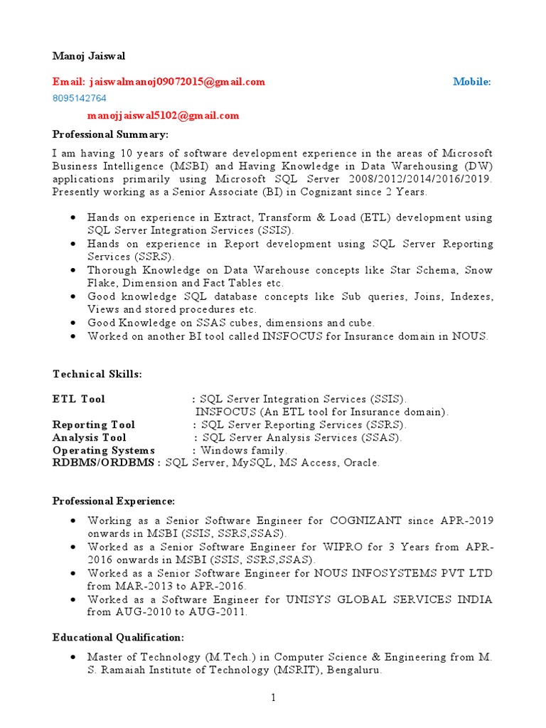 Manoj - MSBI (SSIS, SSRS, SSAS) - 10yrs - Pune | PDF | Microsoft Sql Server | Data Warehouse