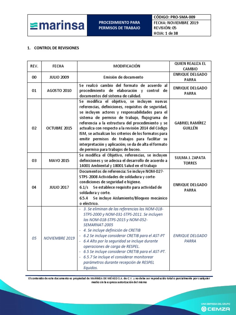 Pro-Sma-009 Procedimiento para Permisos de Trabajo | PDF | Oxígeno | Soldadura