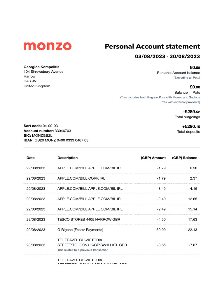 Monzo - Bank - Statement - 2023 08 03 2023 08 30 - 239 | PDF | Deposit ...