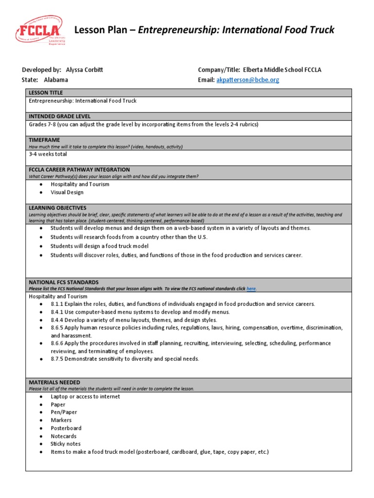 Entrepreneurship - International Food Truck Lesson Plan | PDF | Menu ...