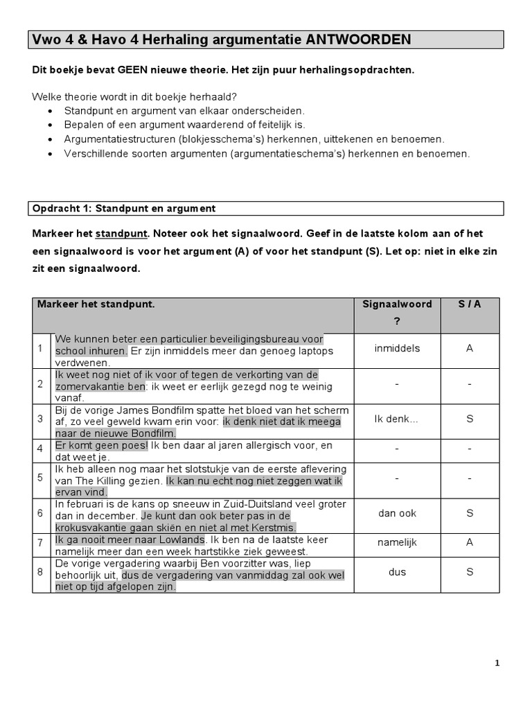 H4 V4 Leesvaardigheid - Herhaling Argumentatie ANTWOORDEN | PDF