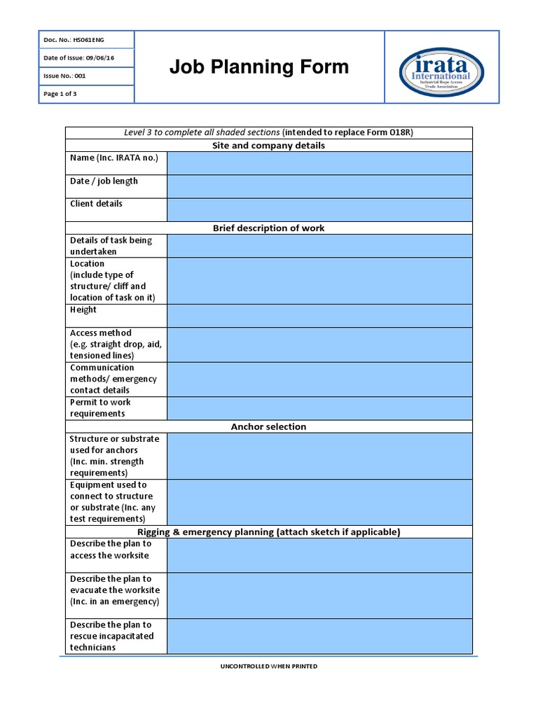 IRATA Job Planning and Rescue Form | PDF | Rope | Safety