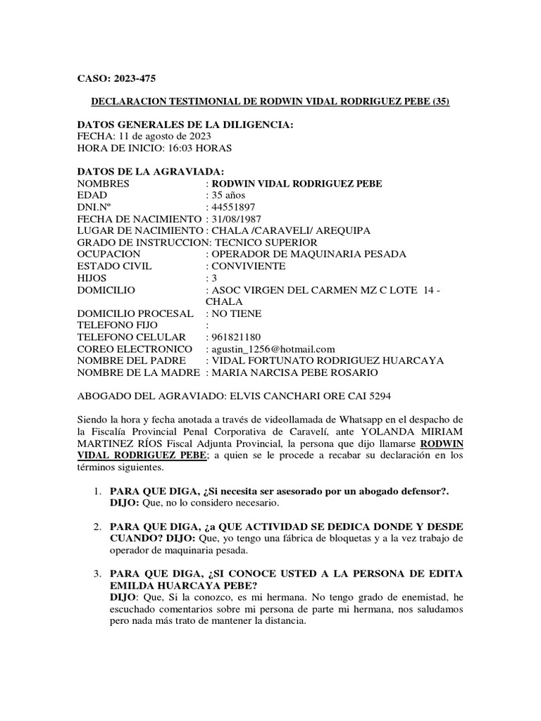 Testimonio de Rodwin Vidal R. Pebe | PDF