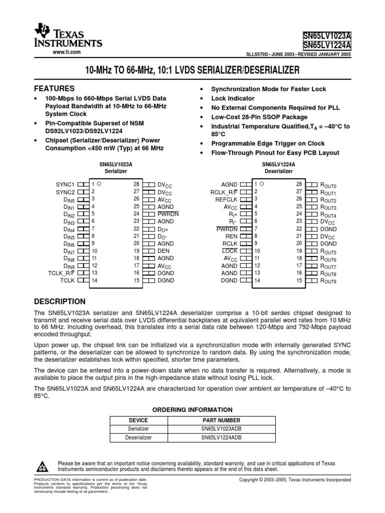 10-Mhz To 66-Mhz, 10:1 Lvds Serializer/Deserializer: Features | PDF