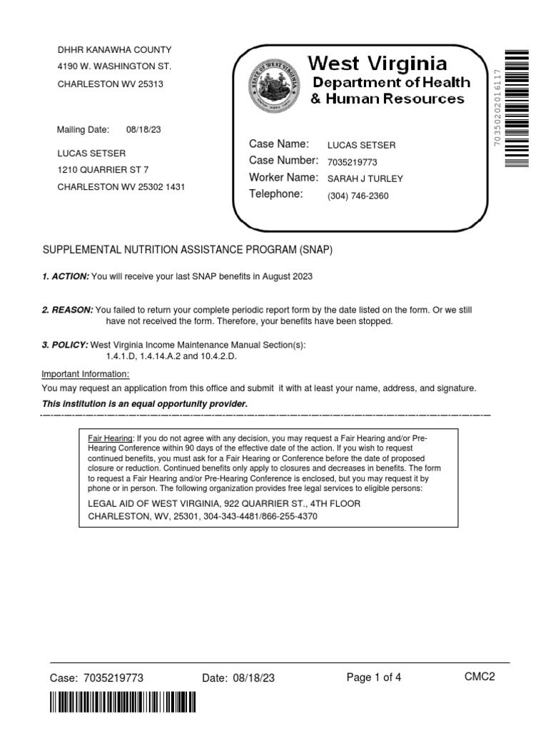 WV SNAP Benefits Termination Notice | PDF | United States Department Of ...