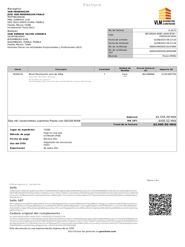 Factura A3171 MOPY9610062I6 14082023 120000 | PDF | Contabilidad | Documentos empresariales