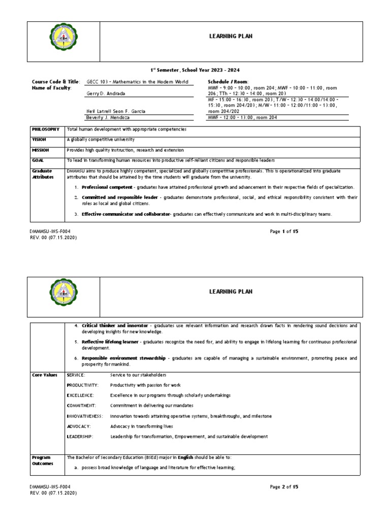 Gecc-103-Learning-Plan | PDF | Mathematics | Mathematical Proof