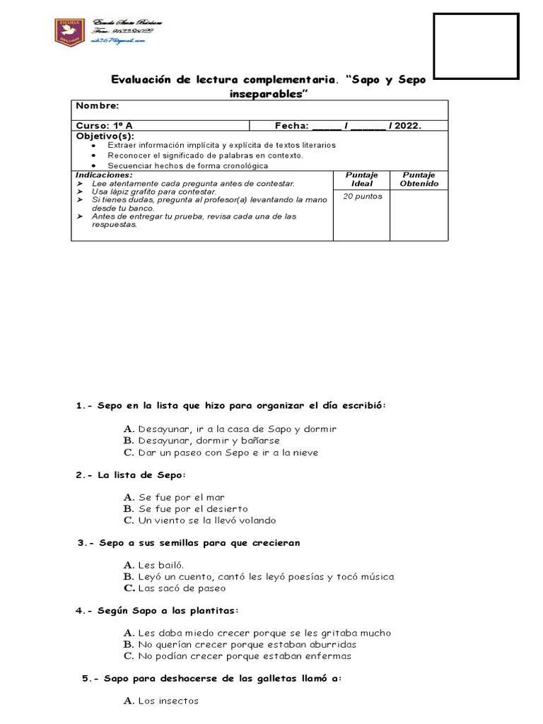 Evaluacion Sapo y Sepo Inseparables | PDF