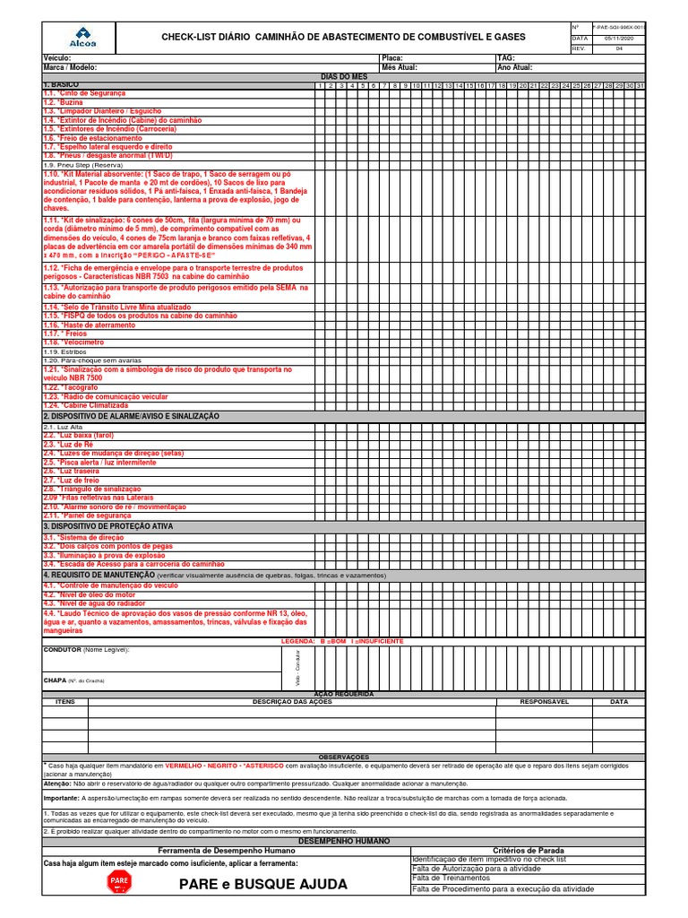 CHECK-LIST DIÁRIO CAMINHÃO DE ABASTECIMENTO | PDF | Dor | Veículos