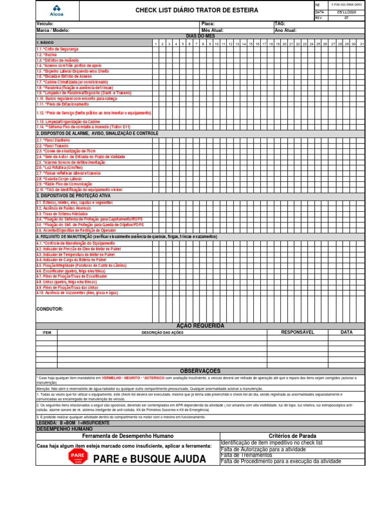 Check-list Diário de Segurança para Trator de Esteira | PDF