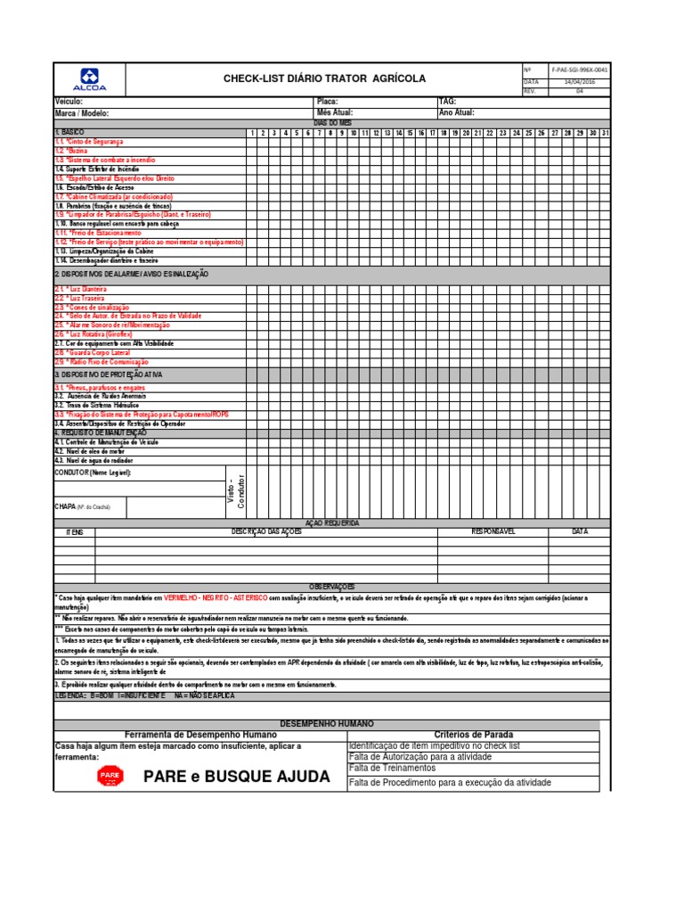 Check-List Diário Trator Agrícola | PDF
