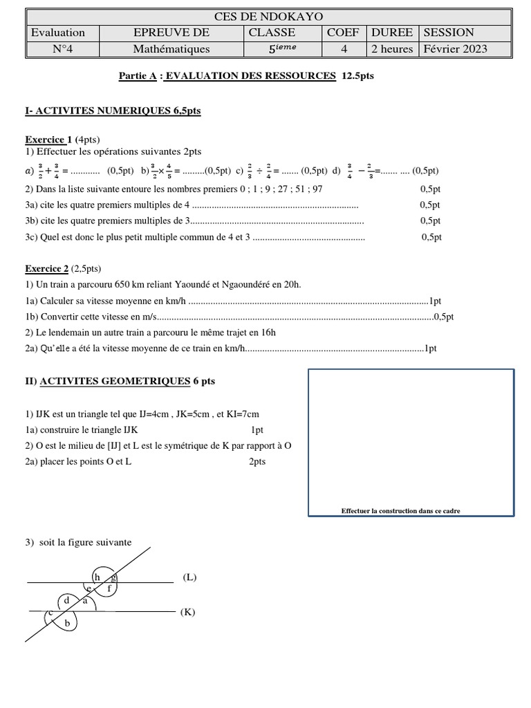 Évaluation de Maths 5ème - Février 2023 | PDF